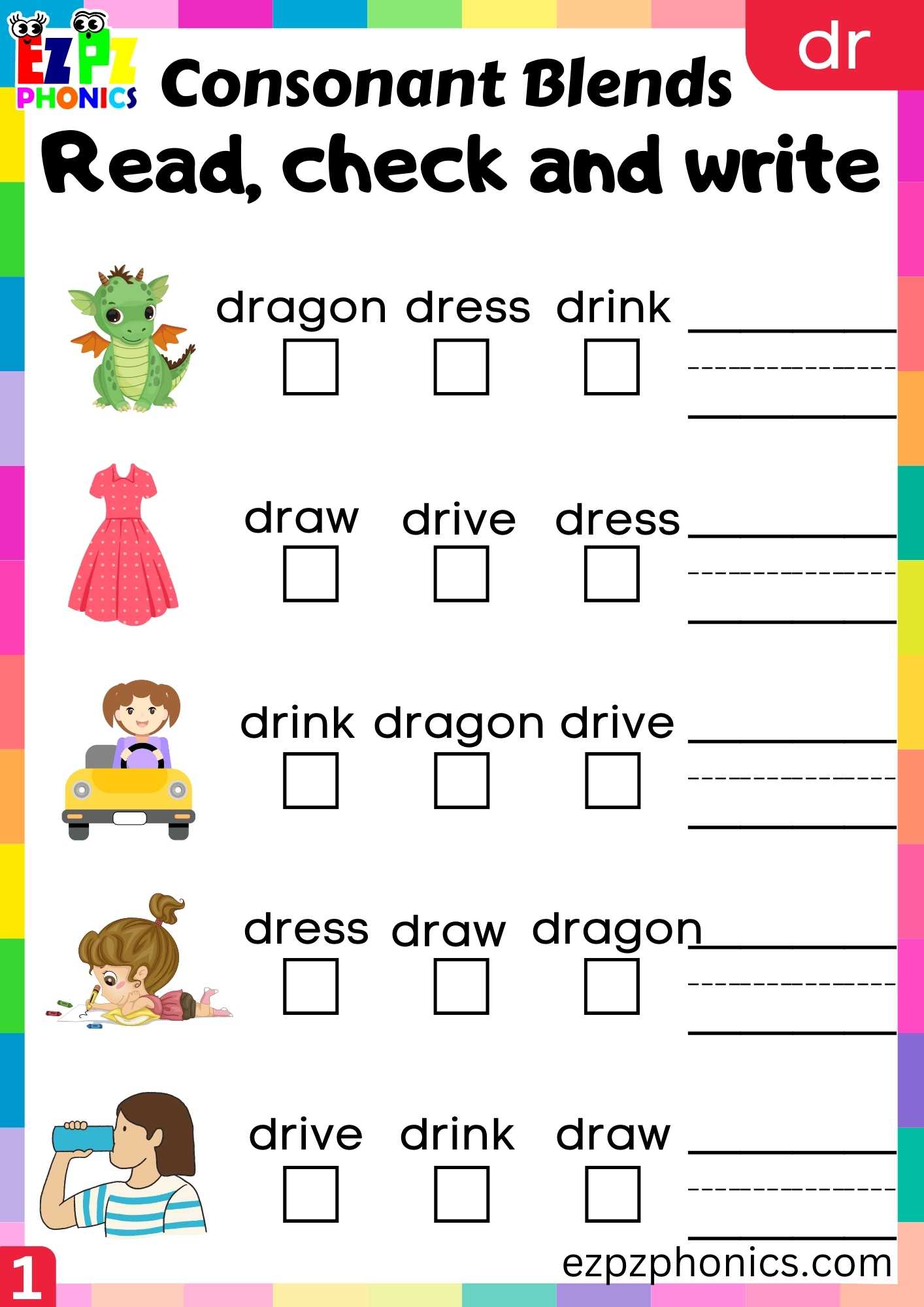 Group1 DR Words Read, Check And Write Phonics Consonant Blends ... Group1 DR Words Read, Check And Write Phonics Consonant Blends ...